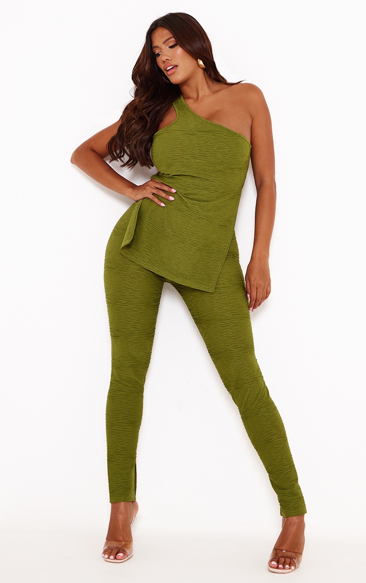 Shape Khaki Textured One Shoulder Split Side Top | PrettyLittleThing USA