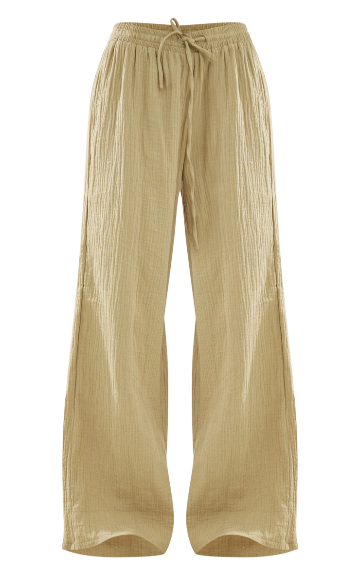 Sage Khaki Textured Cheesecloth Wide Leg Pants | PrettyLittleThing USA