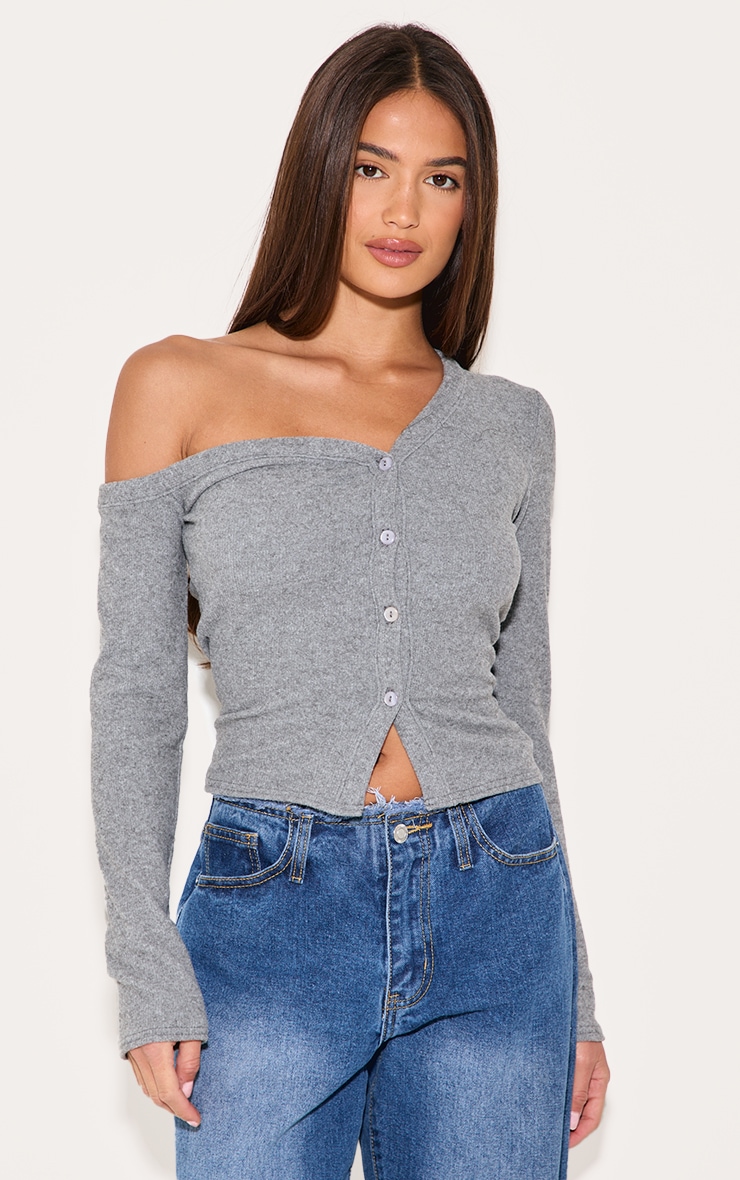 Charcoal Soft Touch Rib Asymmetric Long Sleeve Top | Tops ...