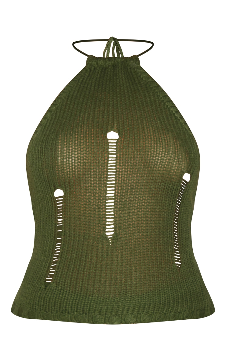 Khaki Distressed Knit Halter Neck Top | PrettyLittleThing