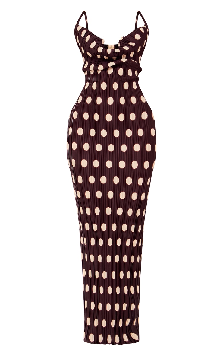 Brown Polka Dot Printed Plisse Strappy Maxi Dress Dresses