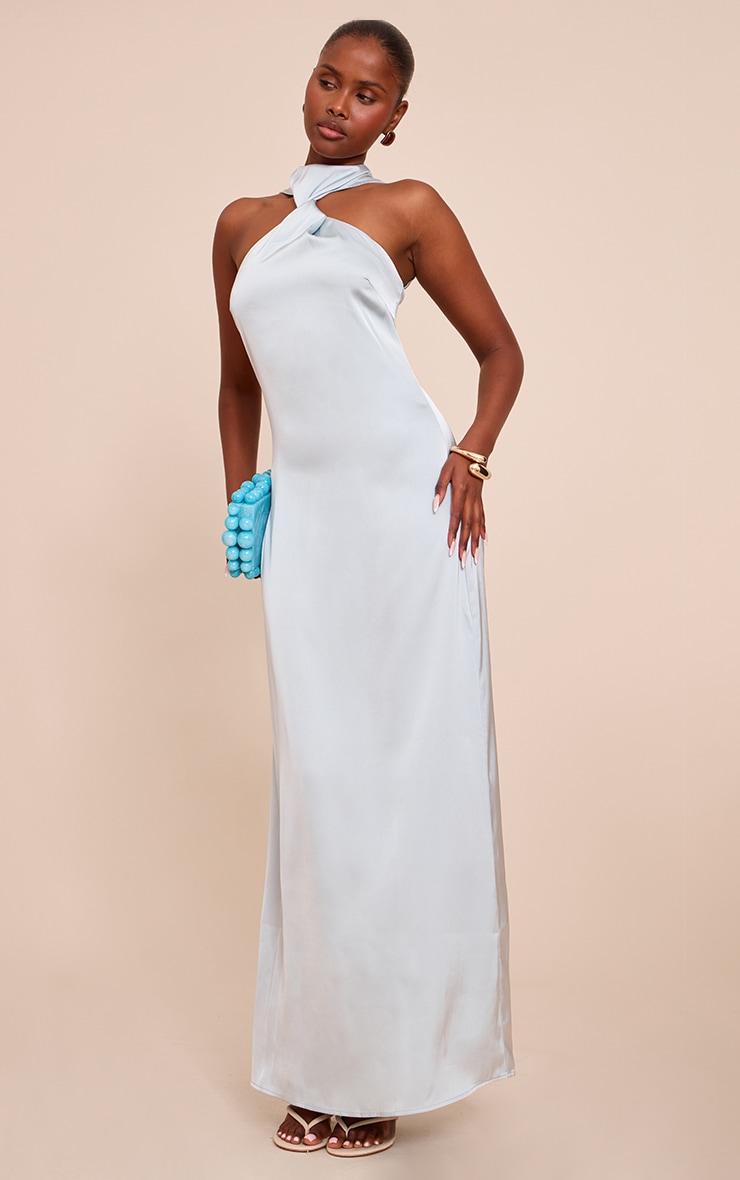 Baby Blue Satin Twist Front Maxi Dress | Dresses | PLT