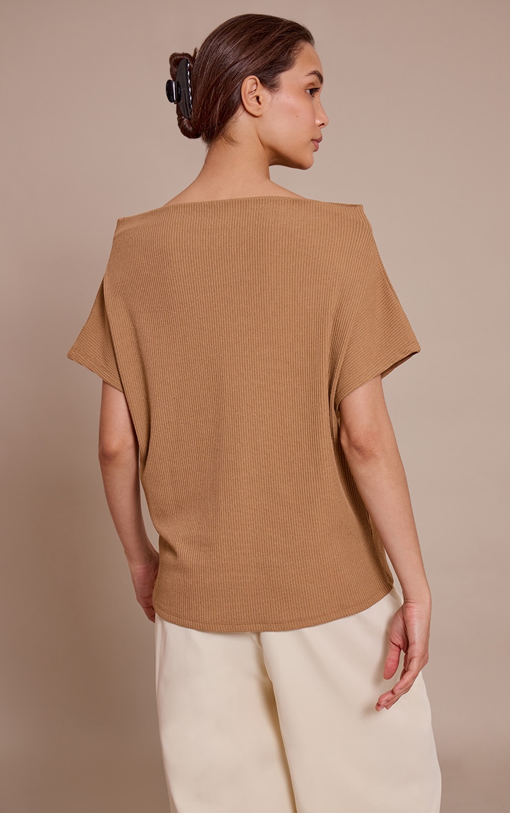 Tan Thick Rib Asymmetric Slouchy Long Top | Tops | PLT
