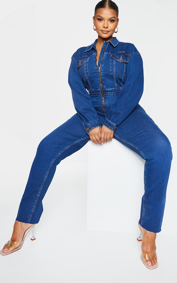Plus Mid Blue Wash Denim Zip Front Jumpsuit | Plus Size | PLT USA