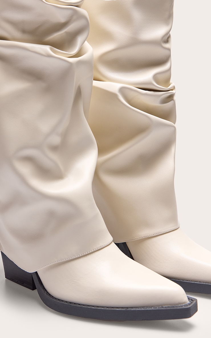 Cream Fold Over Block Heel Knee High Boots | Footwear | PLT