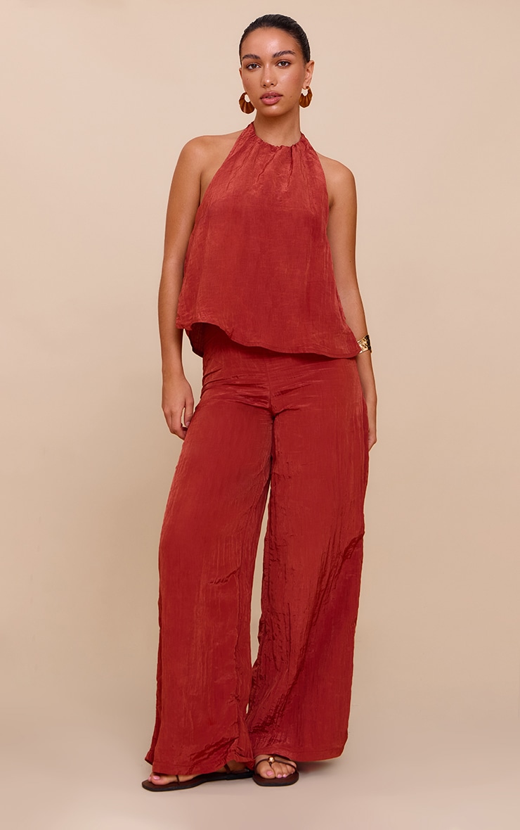 Rust Crinkle Satin Halterneck Overlay Jumpsuit | Dresses | PLT