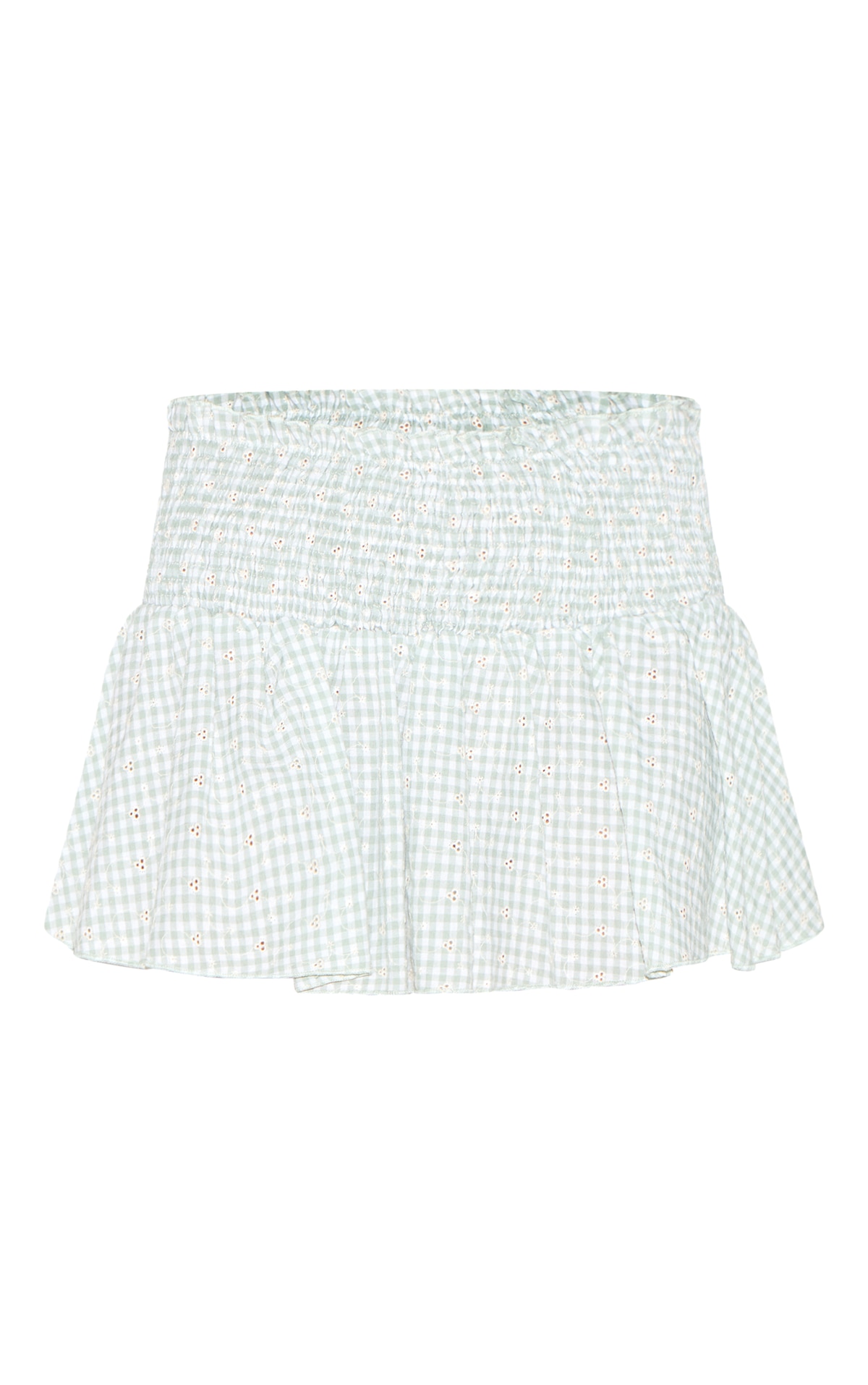 Sage Gingham Broderie Embroidered Shirred Waist Skirt | Bottoms | PLT