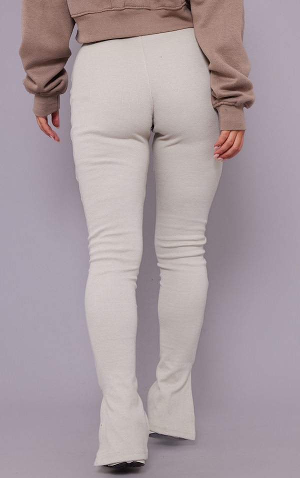 Stone High Waisted Textured Rib Split Hem Trousers | Bottoms | PLT