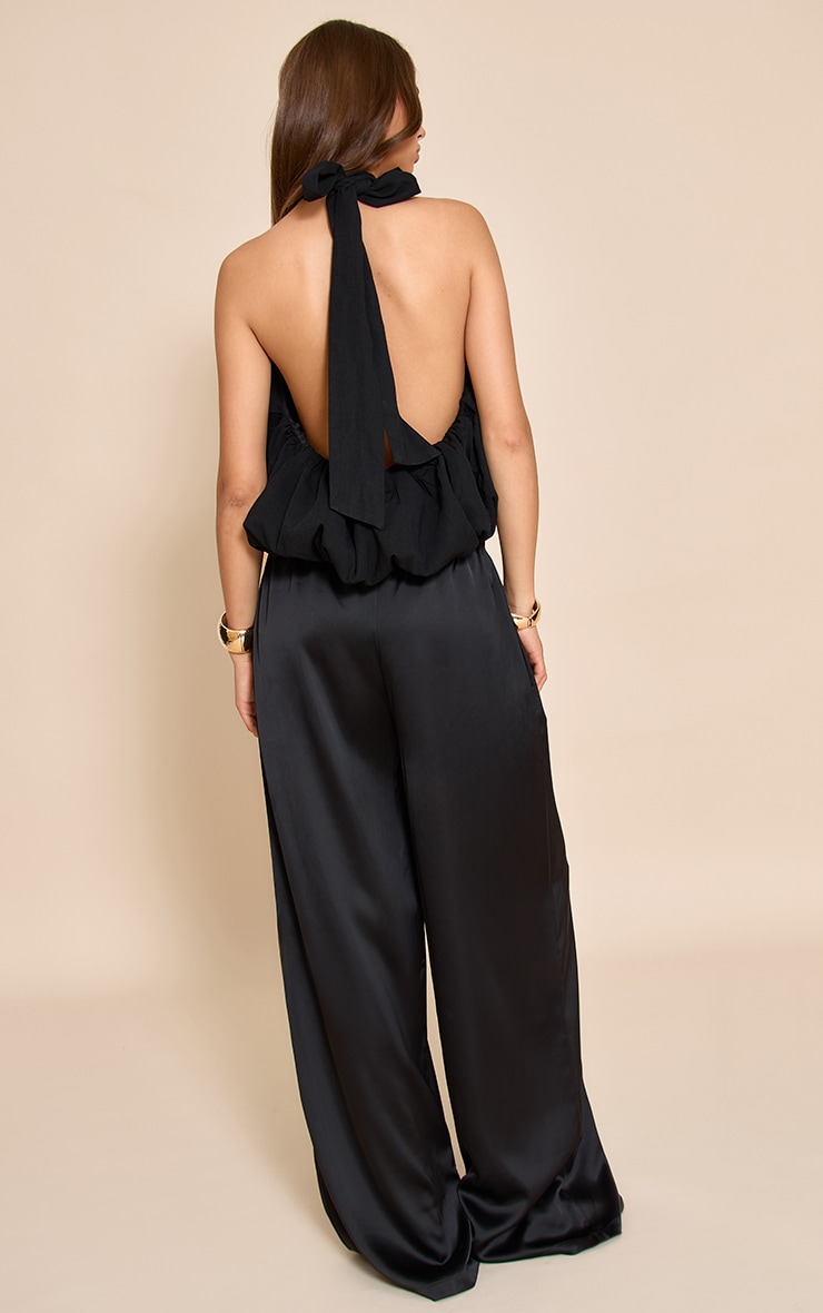 Black Satin Wide Leg Drawstring Trousers | Bottoms | PLT