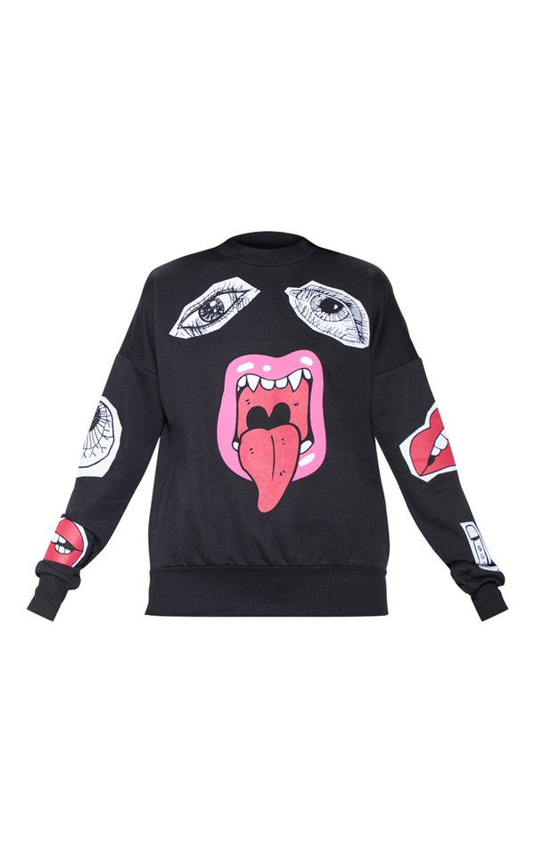 Abstract Face Printed Black Sweater | Tops | PrettyLittleThing USA