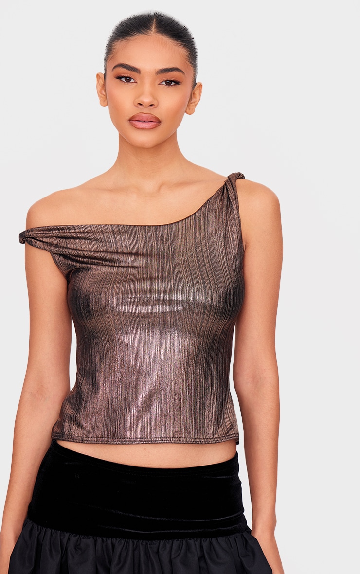 Gold Metallic Textured Twist Shoulder Long Top | Tops | PLT