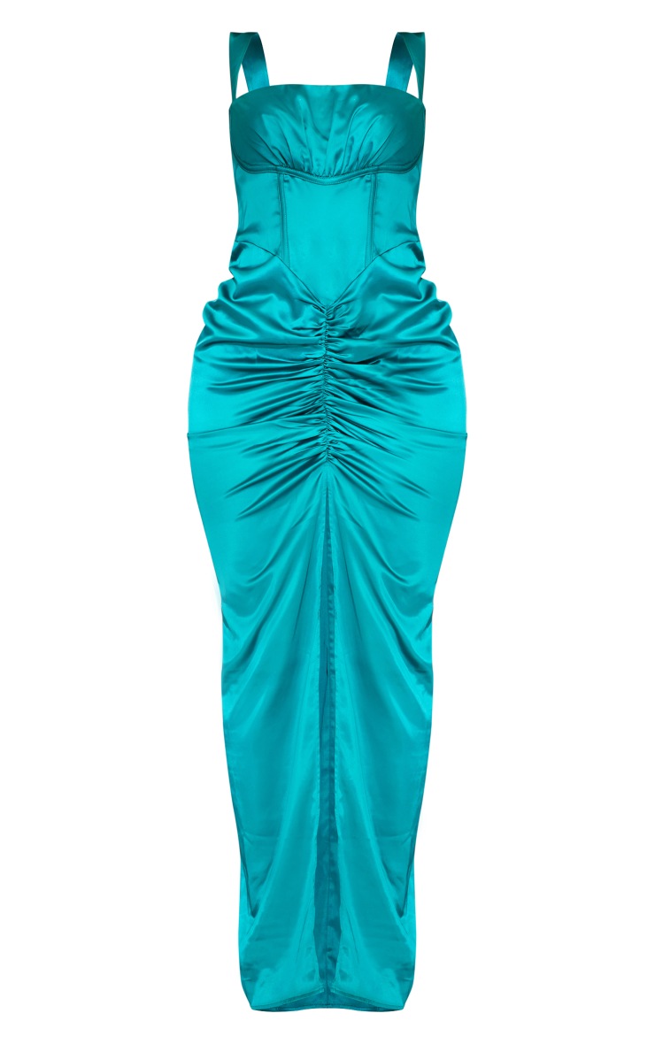 Teal Satin Corset Detail Ruched Maxi Dress | Dresses | PLT USA
