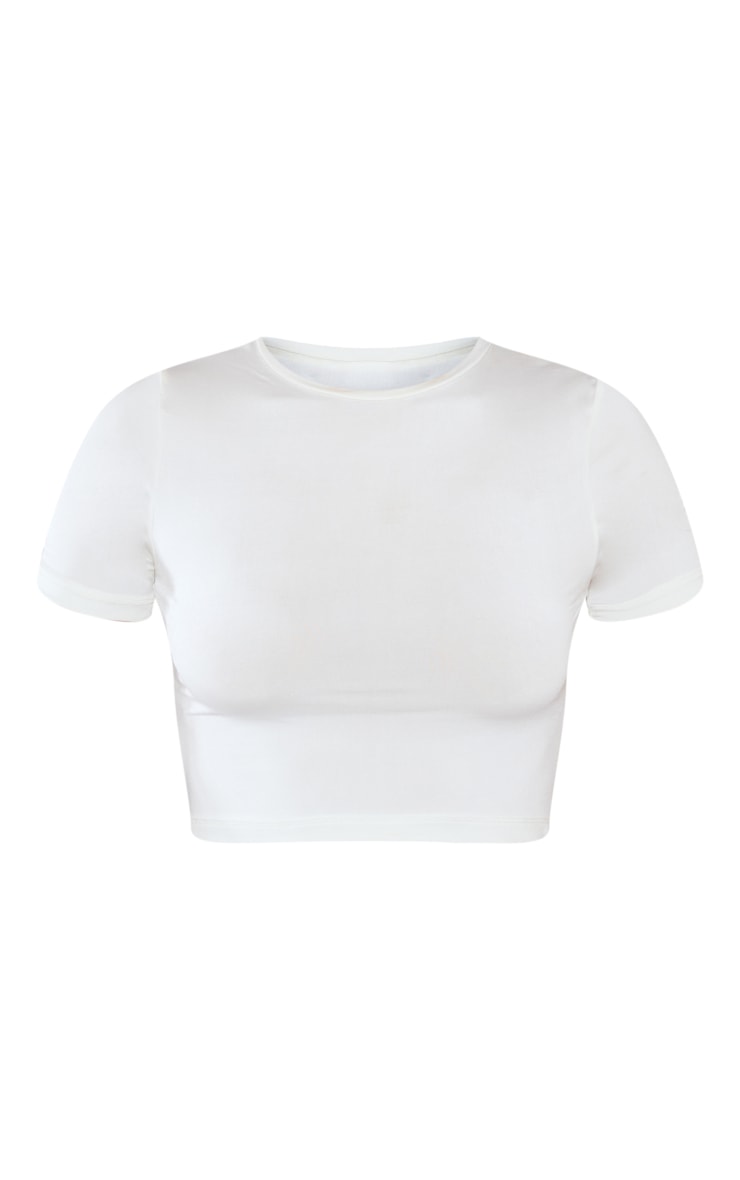 Cream Slinky Short Sleeve Crop Top | Tops | PrettyLittleThing