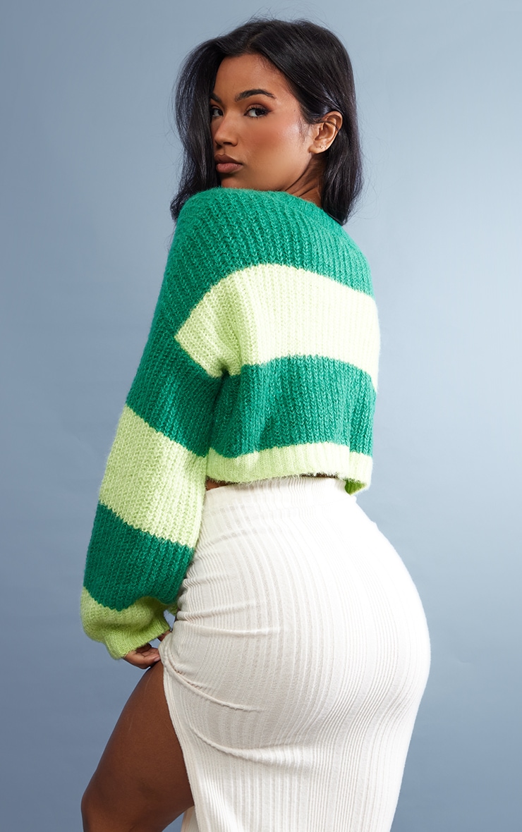Green Stripe Brushed Knit Cropped Sweater | PrettyLittleThing USA
