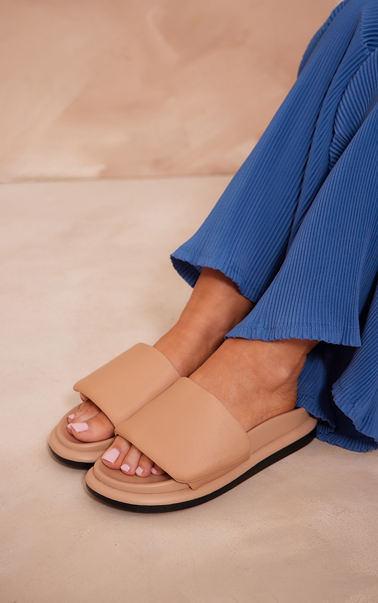 Cream Round Toe Velcro Strap Flat Slider Sandals | Footwear | PLT