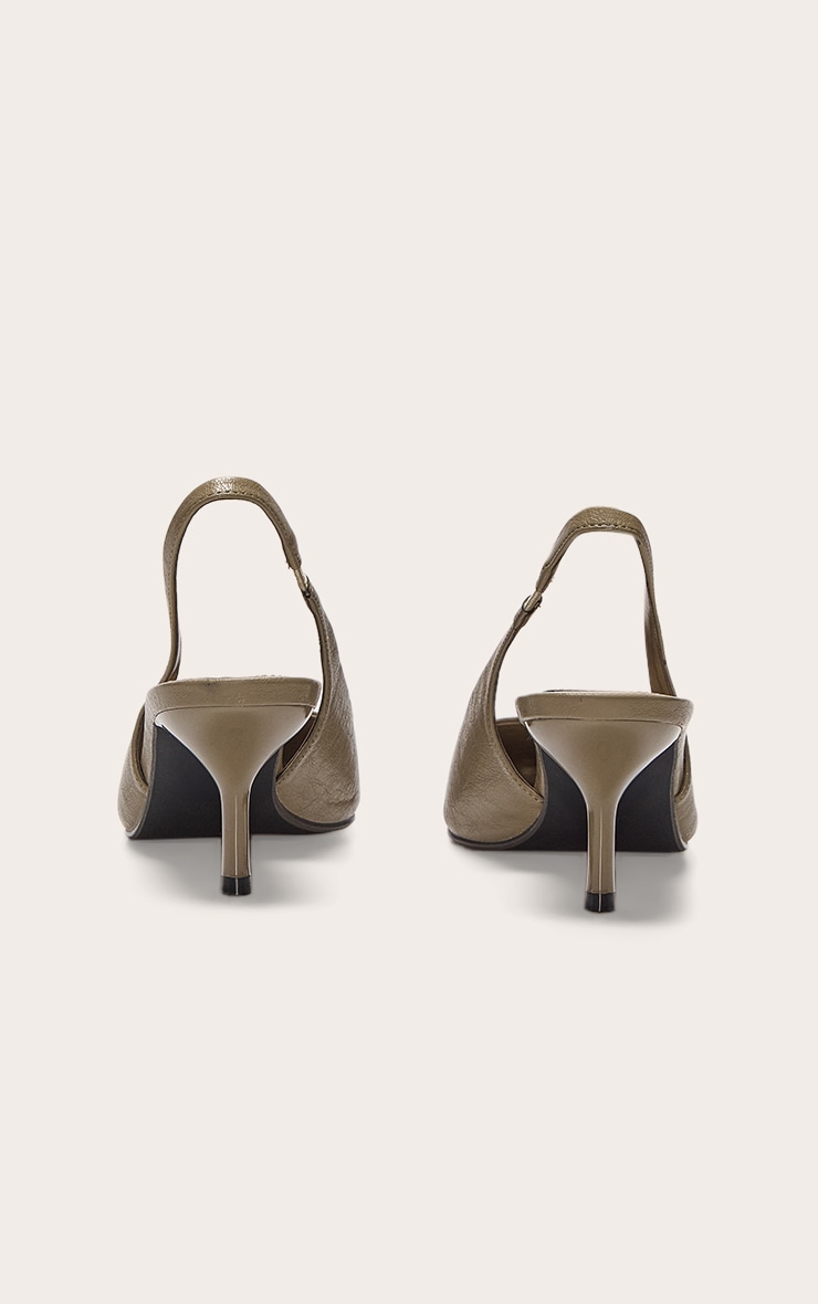 Olive Pu Point Toe Sling Back Mid Heeled Courts | Footwear | PLT