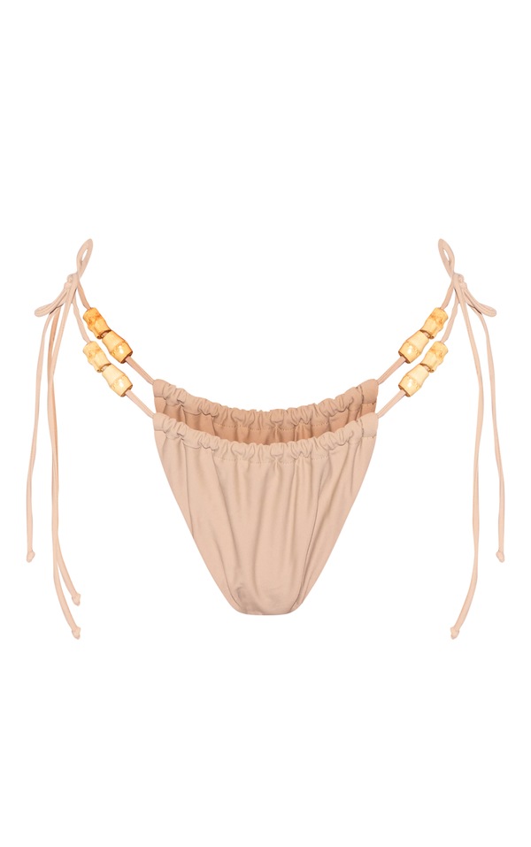 Sand Wooden Bead Ruched Tanga Tie Bikini Bottoms | Swimwear ...