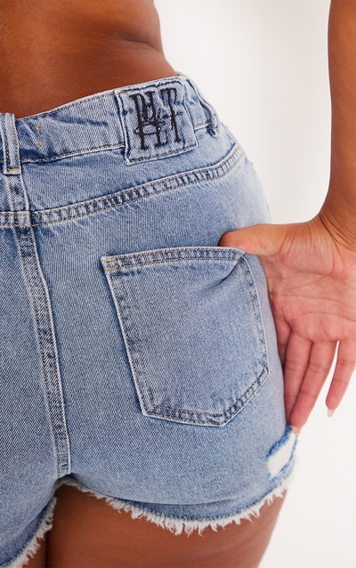 PLT Shape Acid Blue Wash Ripped Denim Shorts | Shape | PrettyLittleThing