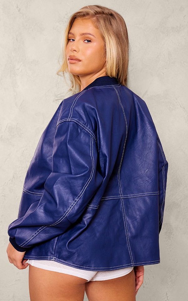 Dark Blue PU Stitch Button Up Bomber Jacket | Outerwear ...