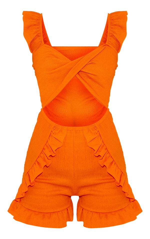 Orange Frill Detail Cut Out Textured Crepe Romper | Dresses ...
