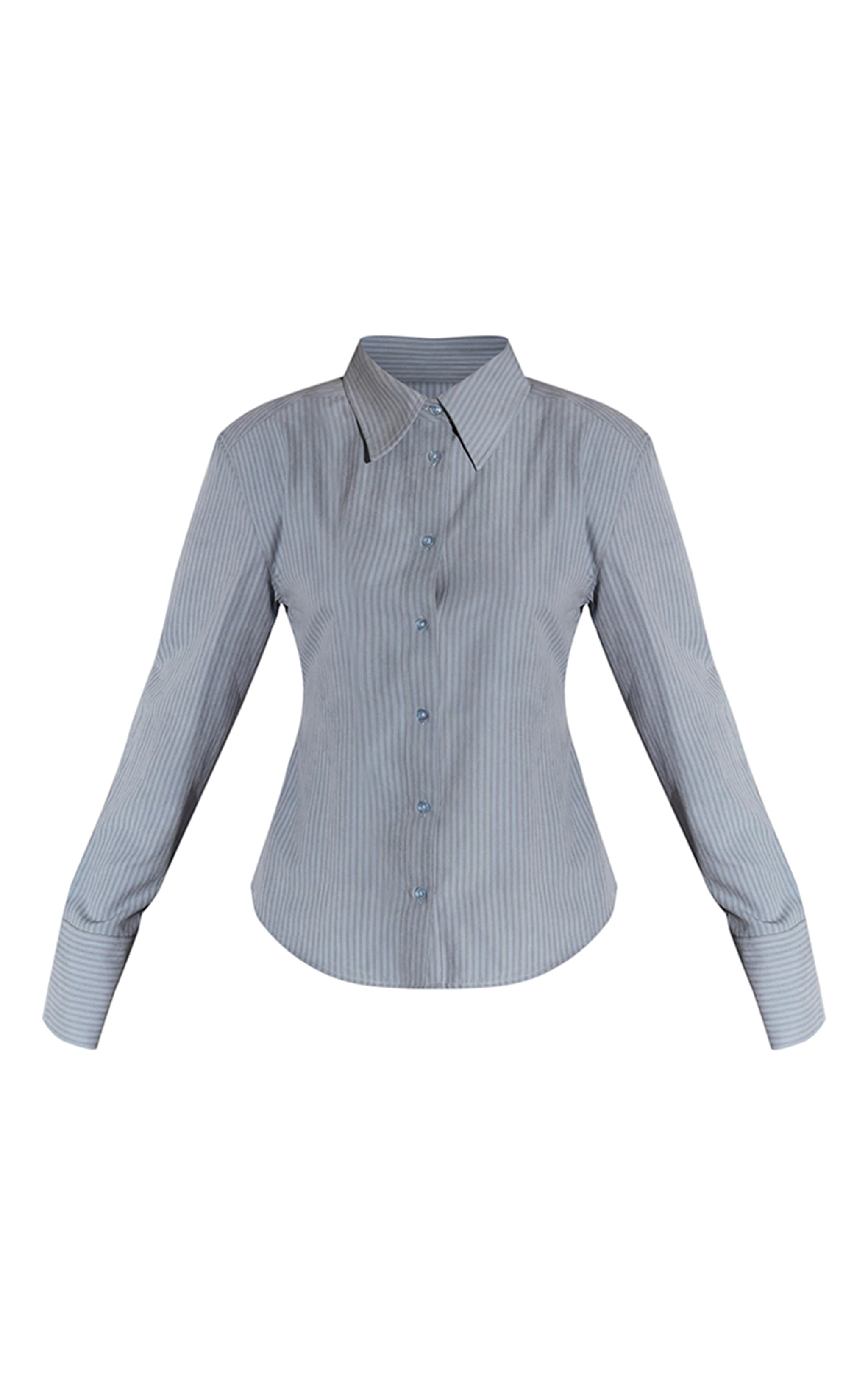Blue Striped Peachskin Fitted Shoulder Padded Shirt | Tops | PLT