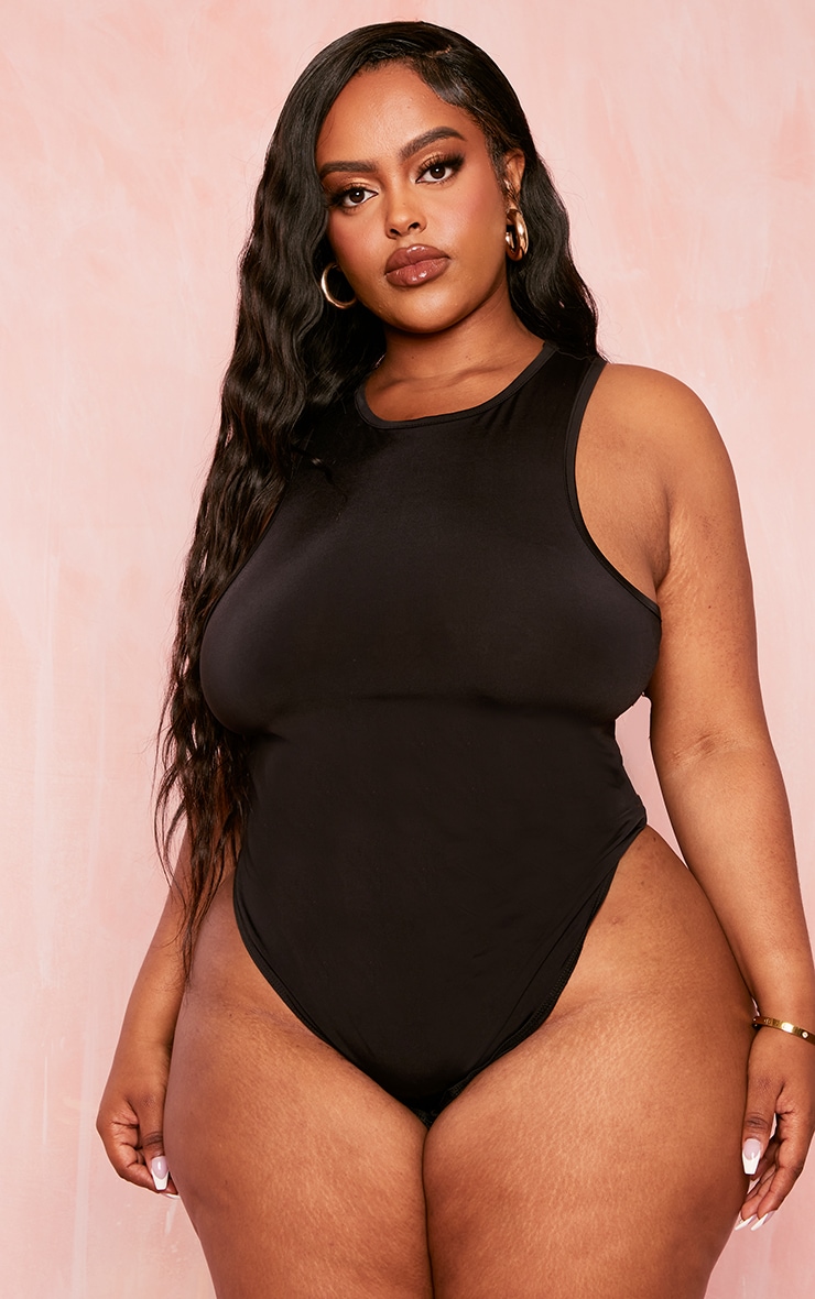 Plus Black Slinky Racer Bodysuit | Plus Size | PrettyLittleThing