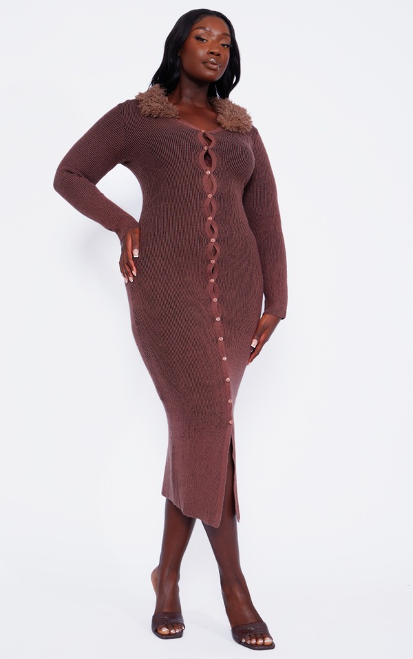 Plus Brown Collar Button Down Maxi Knit Dress | PrettyLittleThing