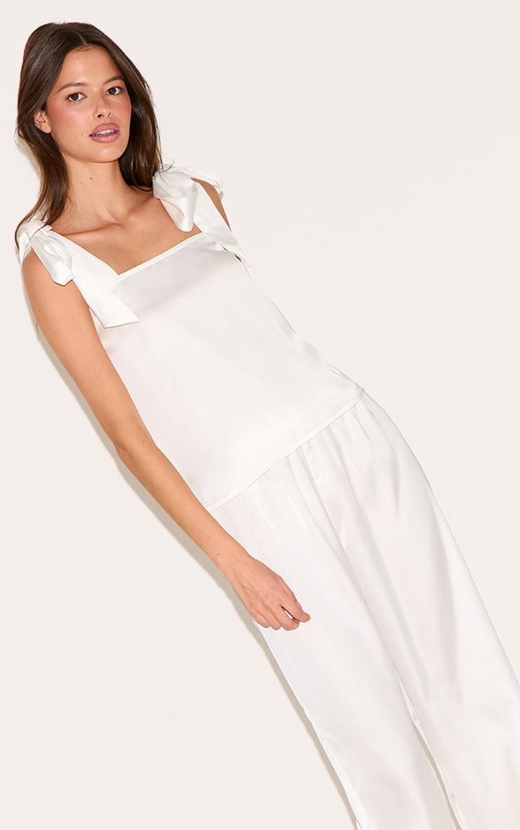 White Satin Ribbon Tie Cami Long Pj Set | Lingerie & Nightwear | PLT