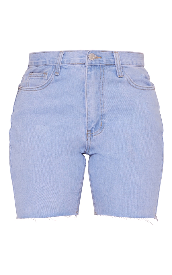 Light Blue Wash Longline Fitted Denim Shorts | PrettyLittleThing