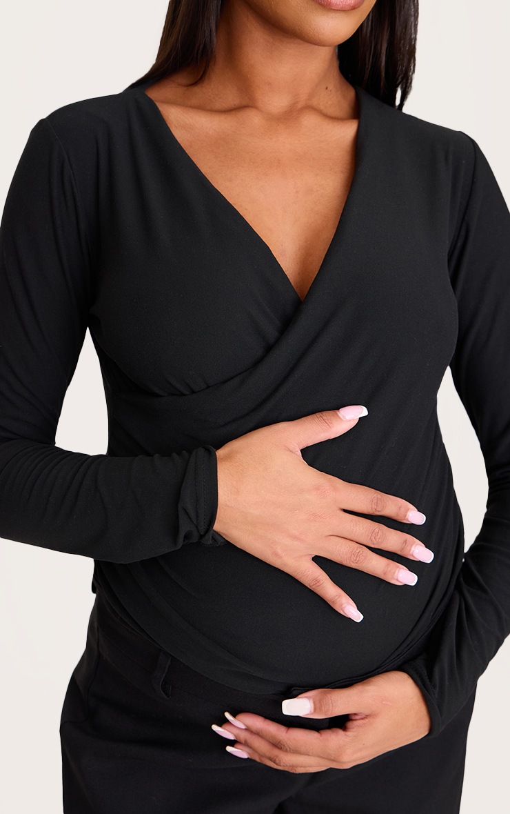 Maternity Black Ruched Long Sleeve Longline Top | Maternity | PLT