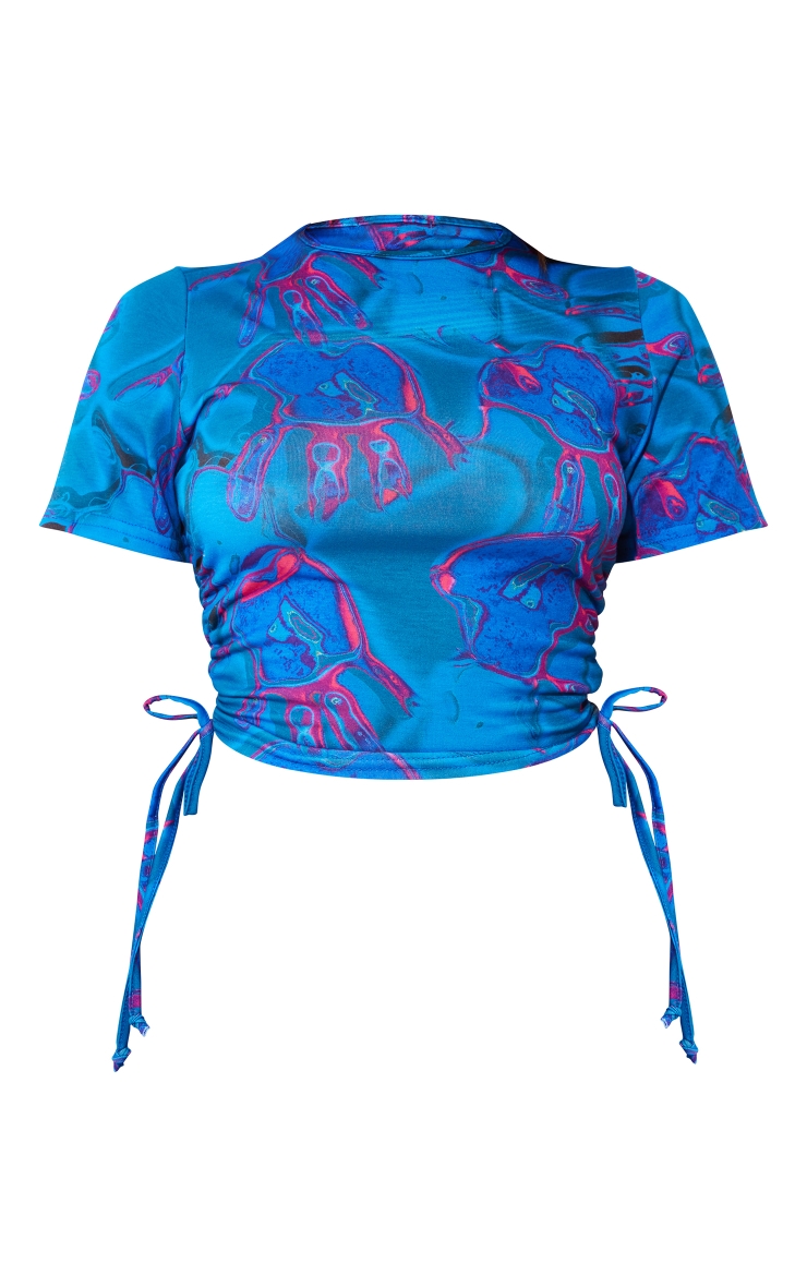 Bright Blue Abstract Short Sleeve Tie Crop Top | Tops | PLT USA