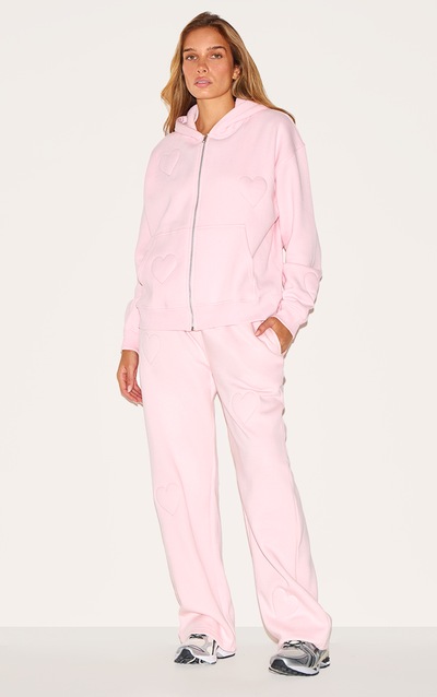 Baby Pink Embossed Heart Zip Up Hoodie | Sweat | PrettyLittleThing