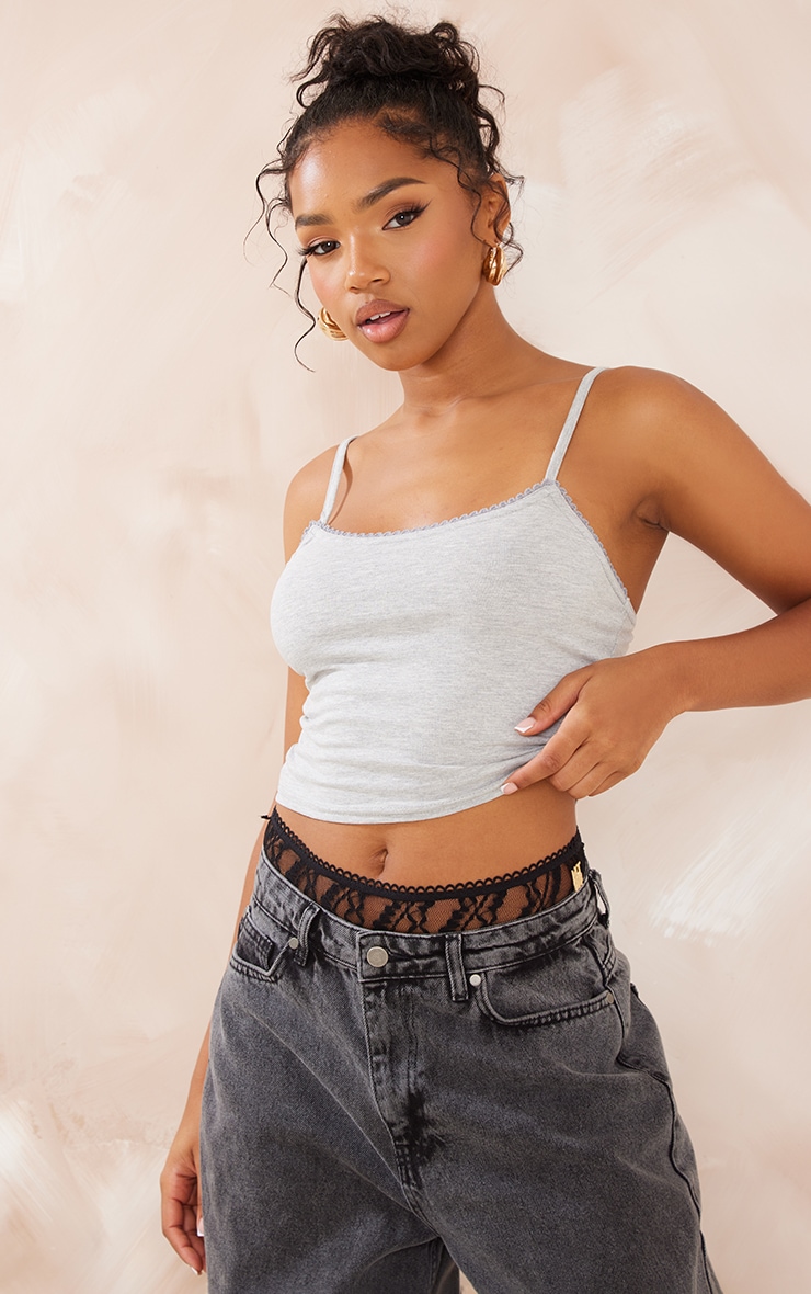 Grey Cotton Trim Detail Crop Cami | Tops | PrettyLittleThing
