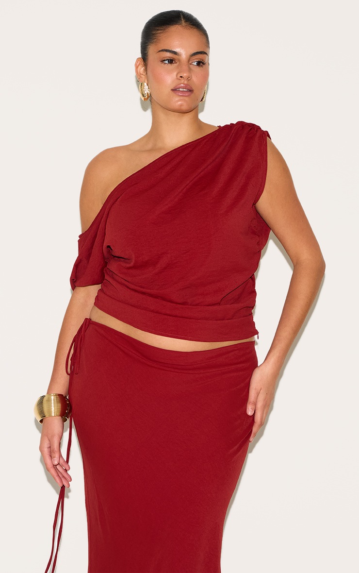 Plus Deep Red Floaty Woven Ruched One Shoulder Top | Plus Size | PLT