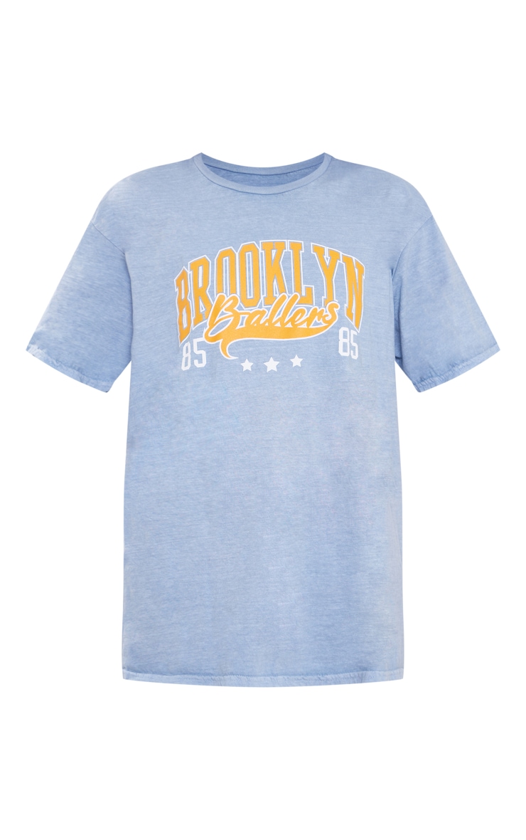 Blue Brooklyn Varsity Print Washed T Shirt | PrettyLittleThing AUS
