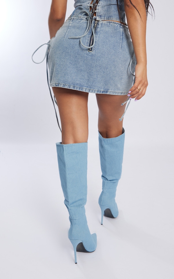 Petite Vintage Wash Denim Lace Up Mini Skirt | PrettyLittleThing AUS