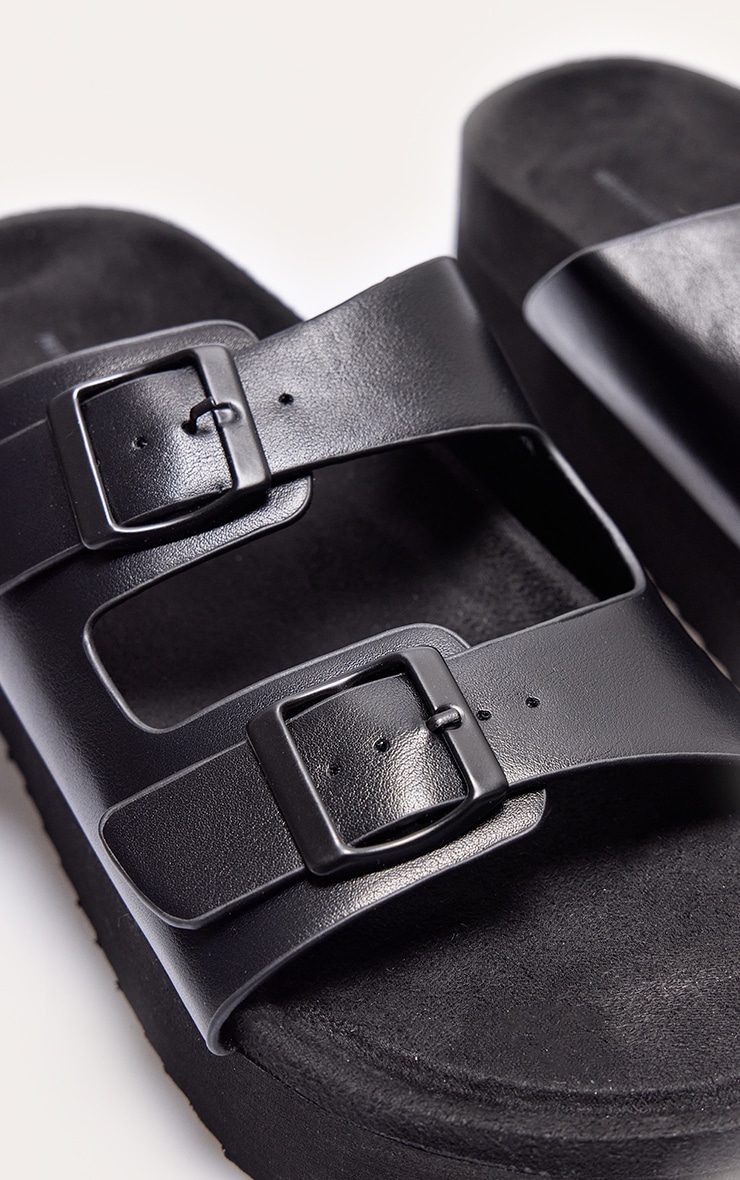 Black Round Toe Double Buckle Strap Flat Sandals | Footwear | PLT
