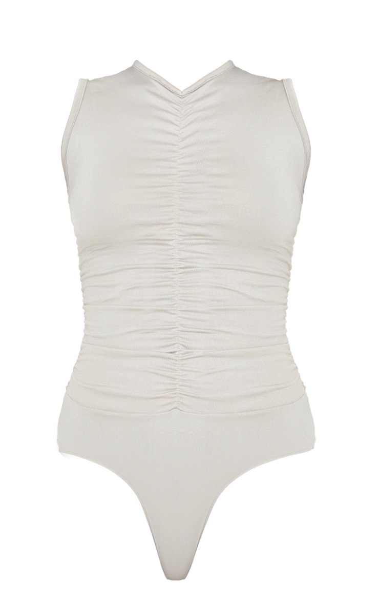 Stone Slinky Ruched High Neck Bodysuit | Tops | PLT USA
