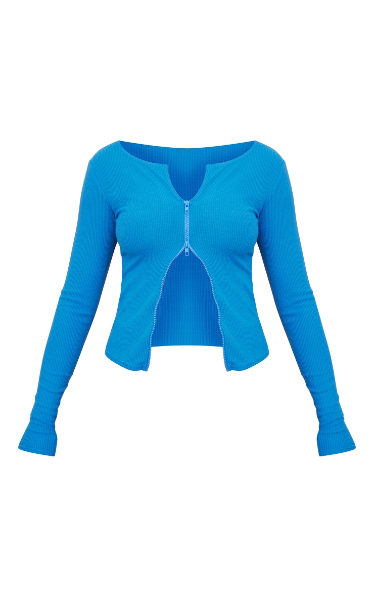 Cobalt Soft Brushed Rib Double Zip Front Top | PrettyLittleThing