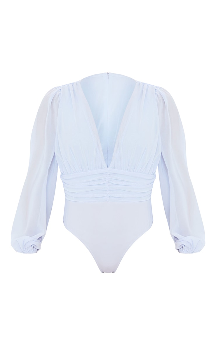 Light Blue Mesh Ruched Waistband Bodysuit | Tops | PLT