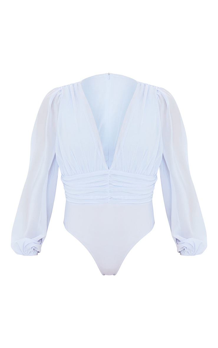Light Blue Mesh Ruched Waistband Bodysuit | Tops | PLT