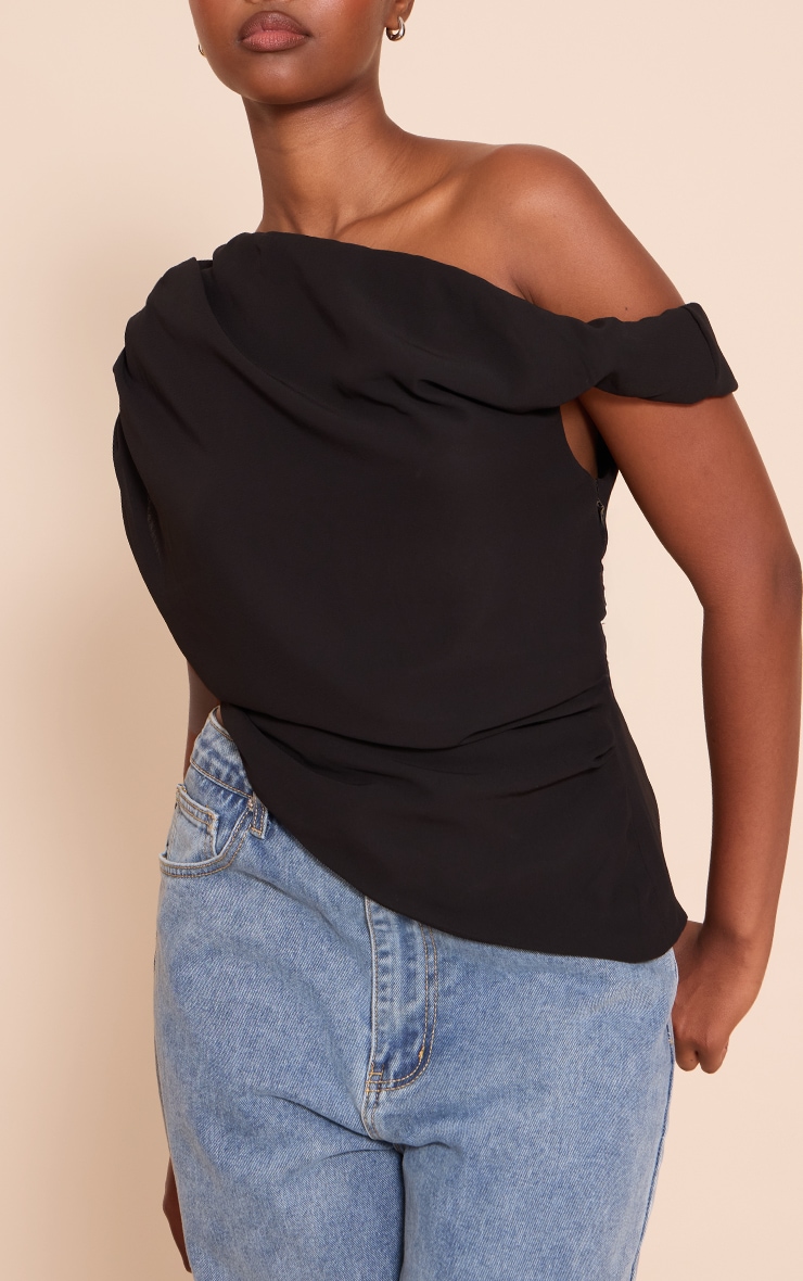 Black Chiffon Asymmetric Drapey Long Top | Tops | PLT