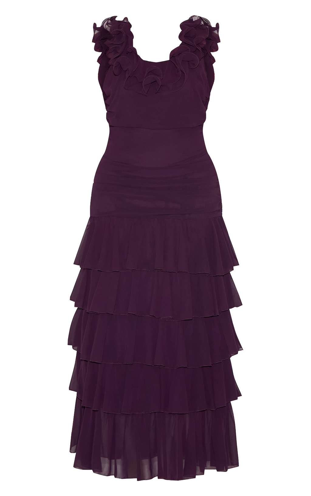 Plus Wine Chiffon Ruched Ruffle Maxi Dress | Plus Size | PLT AUS