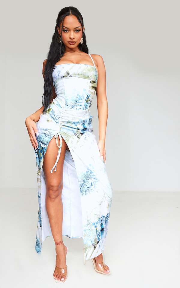 Blue Floral Bengaline Corset Strappy Split Dress | PrettyLittleThing AUS