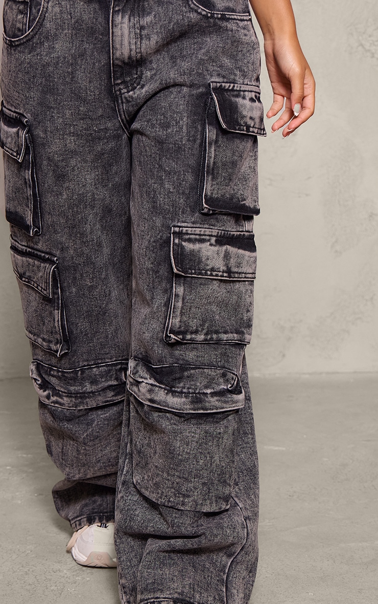 Petite Washed Black Denim Cargo Wide Leg Jeans Petite PrettyLittleThing IRE
