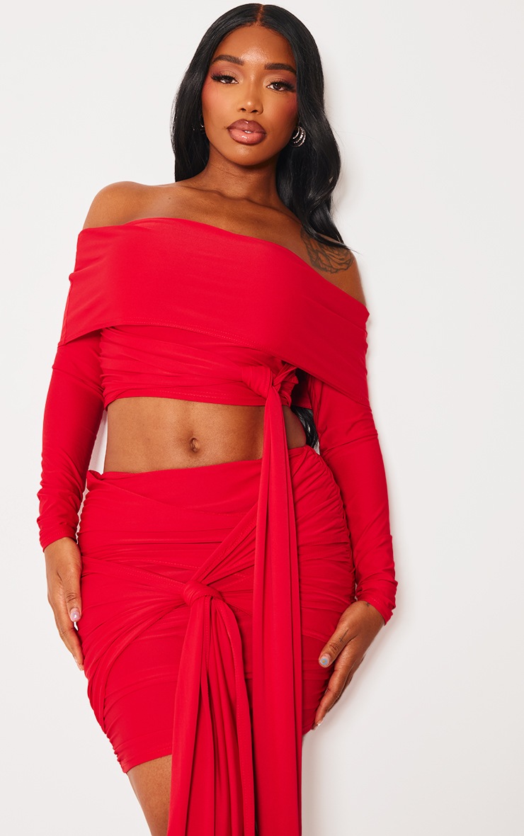 Shape Red Slinky Ruched Knot Side Mini Skirt | Shape | PLT