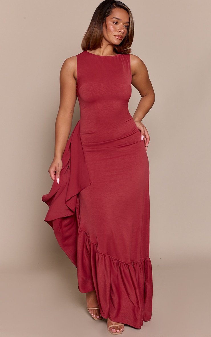 Shape Burgundy Boat Neck Split Frill Maxi Dress | Shape | PLT