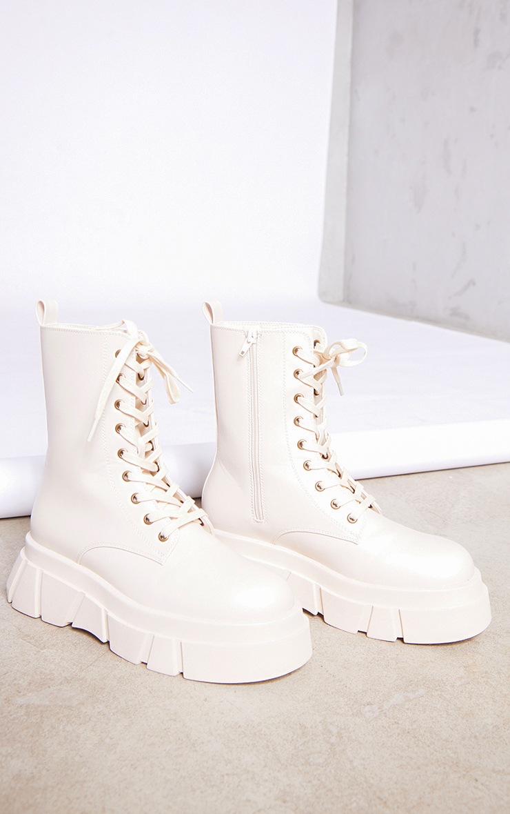 Cream Cleated Angled Chunky Sole Ankle Boots | Footwear | PLT