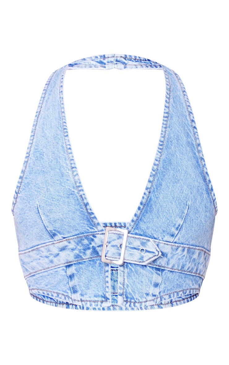 Light Blue Wash Buckle Front Denim Halterneck Top | Denim ...