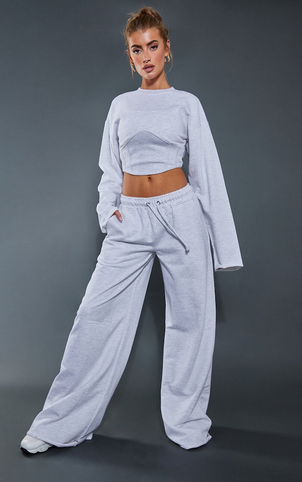 Ash Grey Exposed Hem Wide Leg Track Pants | Athleisure | PLT